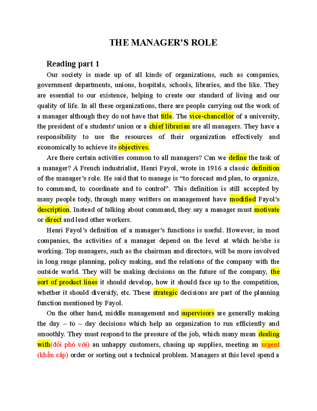 Reading on class Issue 1 - THE MANAGER’S ROLE Reading part 1 Our ...