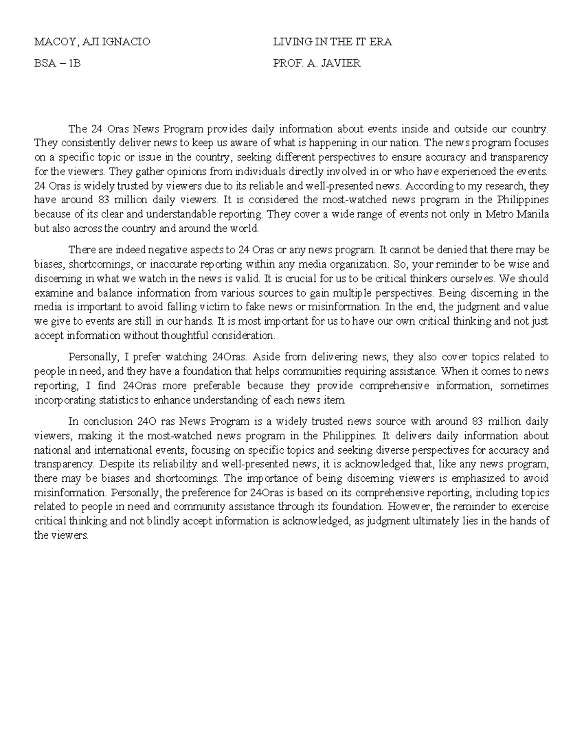 Script for living - MACOY, AJI IGNACIO LIVING IN THE IT ERA BSA – 1B ...