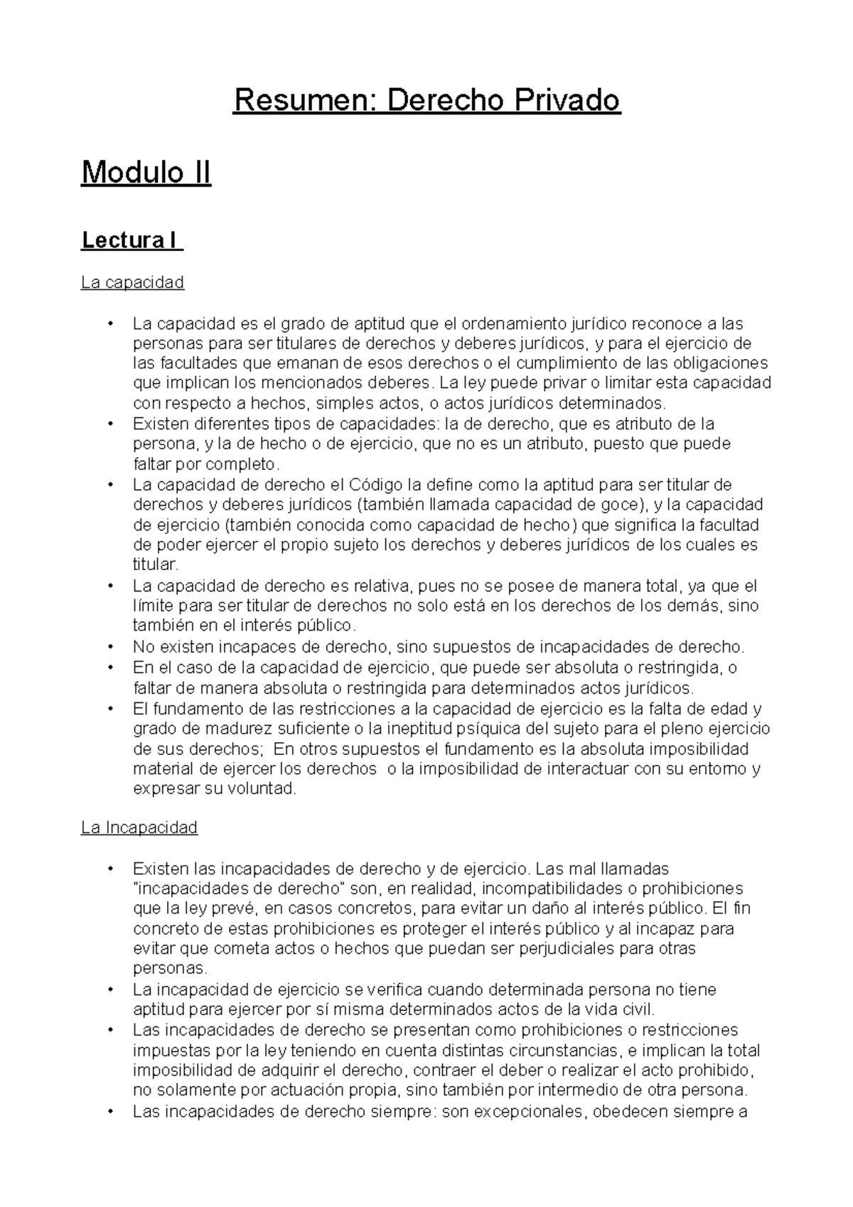 Resumen Modulo II - Resumen: Derecho Privado Modulo II Lectura I La capacidad La capacidad es el ...