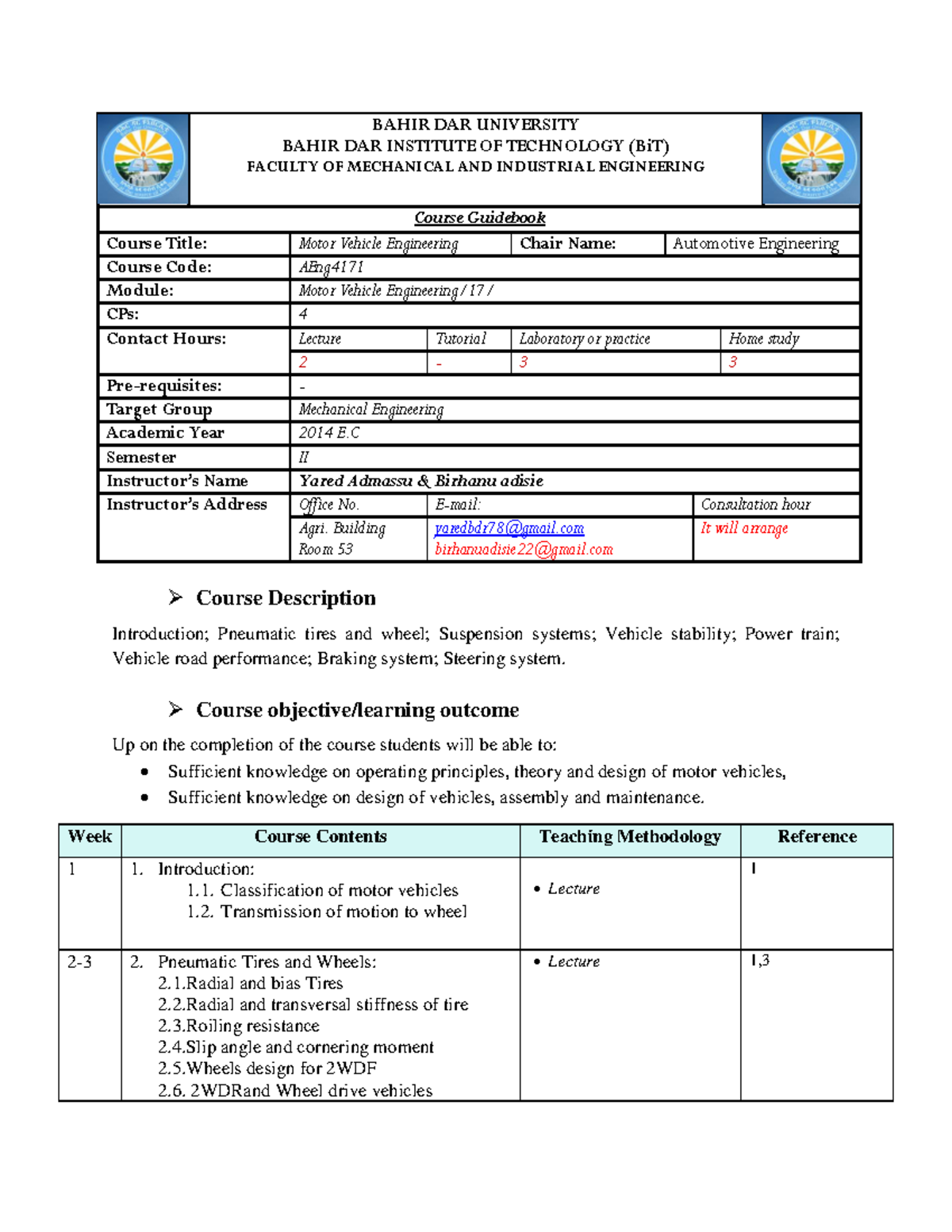 Motor vehicle course guide book 2014 - BAHIR DAR UNIVERSITY BAHIR DAR ...
