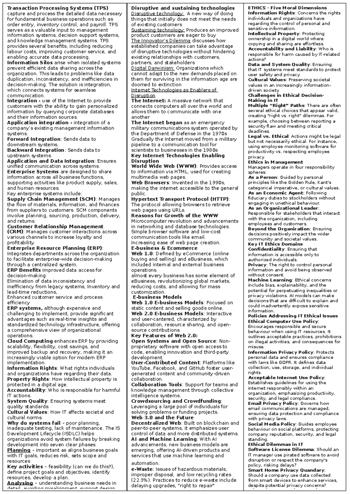 Cheat sheet - Transaction Processing Systems (TPS) capture and process ...
