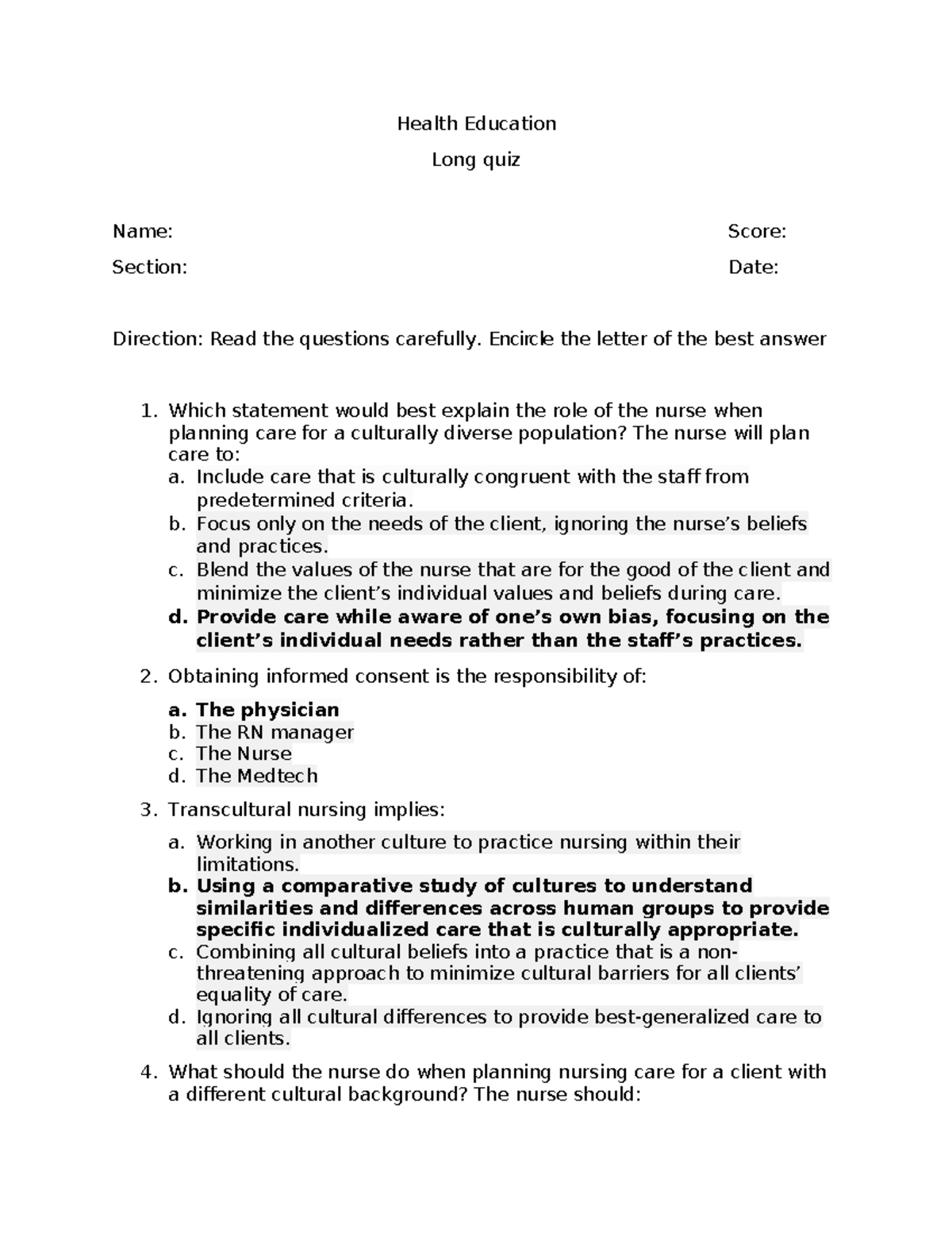 Health Education long quiz - Health Education Long quiz Name: Score: Section: Date: Direction ...