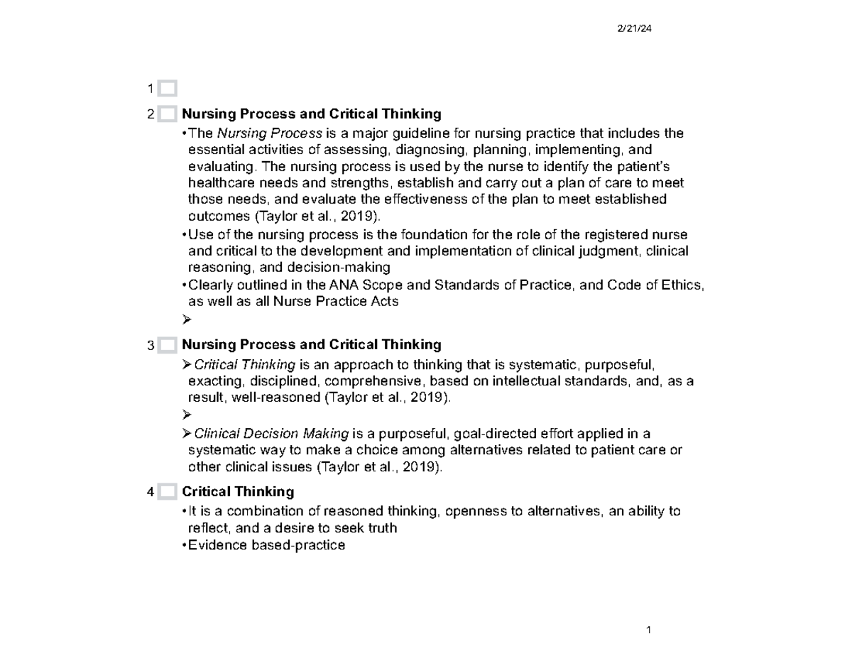 (6) Student Intro to Nsg Process - 2/21/ 1 Nursing Process and Critical ...