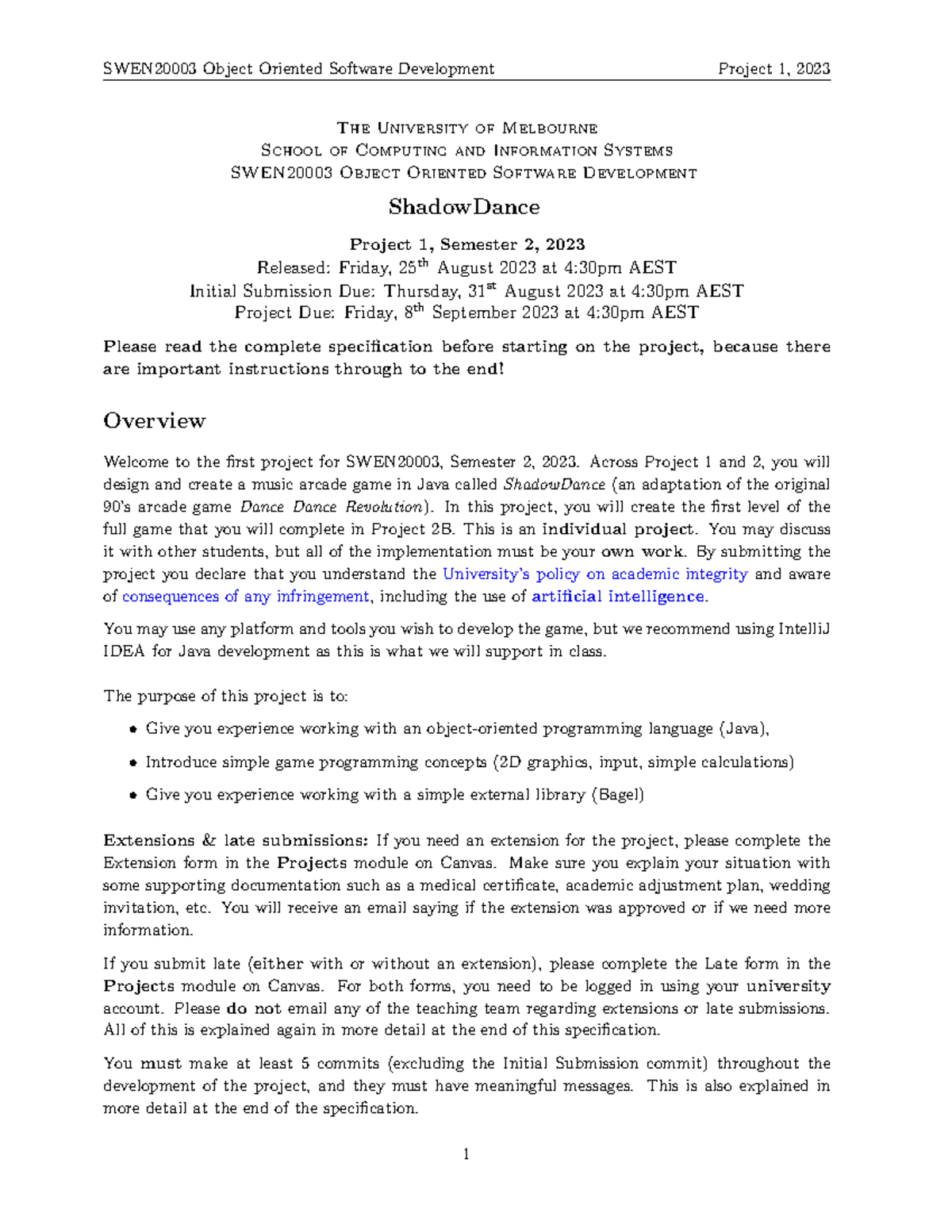 Swen20003 Object Oriented Software Development Shadowdance Project 1 Semester 2 2023 Across