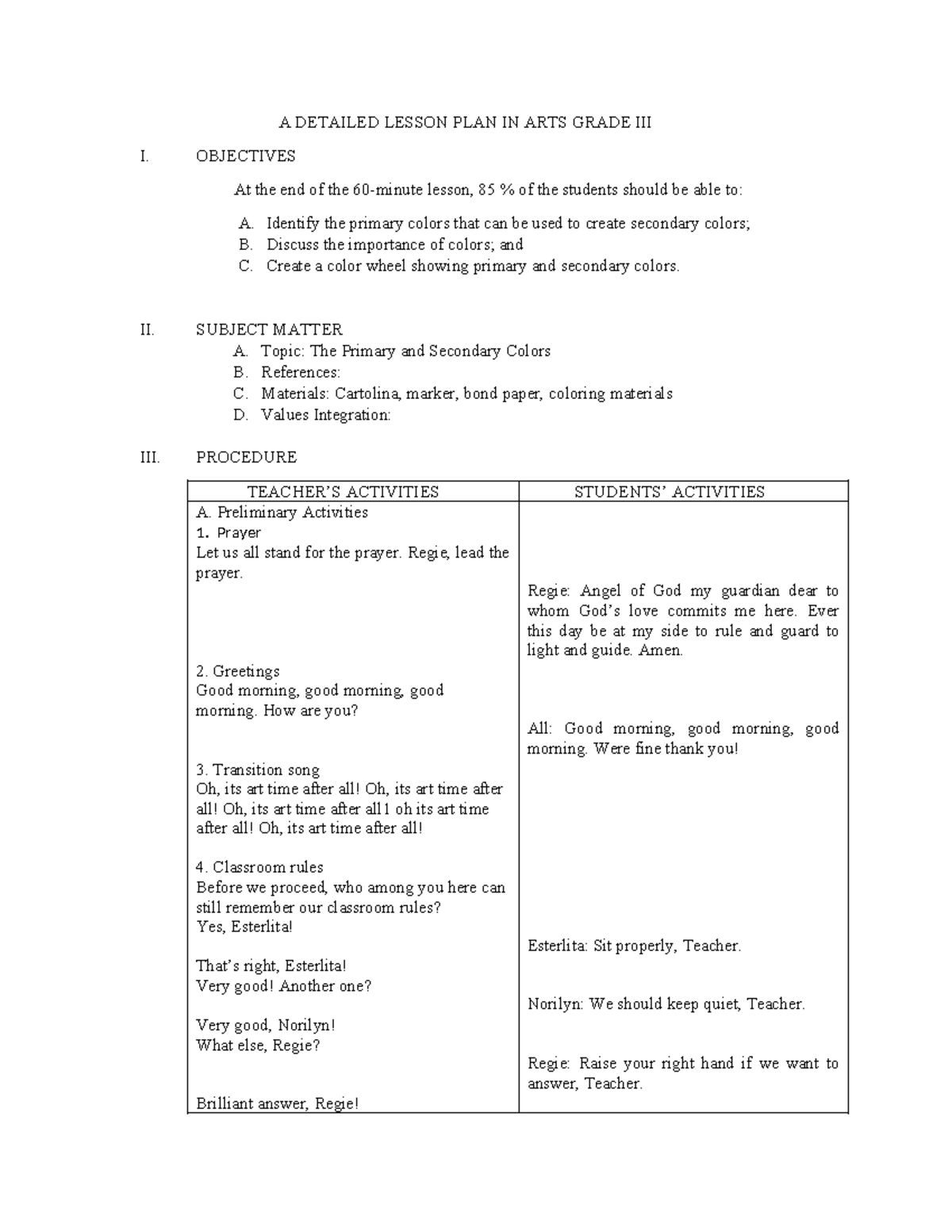 A Detailed Lesson PLAN IN ARTS Grade III - A DETAILED LESSON PLAN IN ...