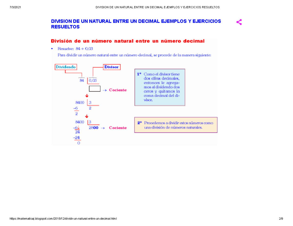 Division DE UN Natural Entre UN Decimal Ejemplos Y Ejercicios Resueltos ...