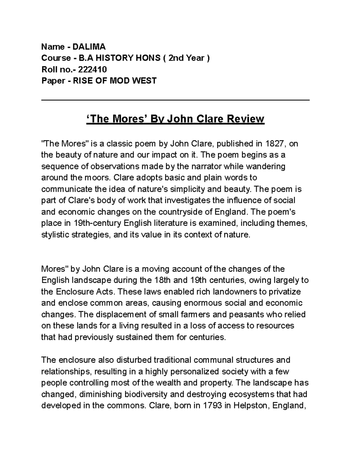 Poem review M0d west - Name - DALIMA Course - B HISTORY HONS ( 2nd Year ...