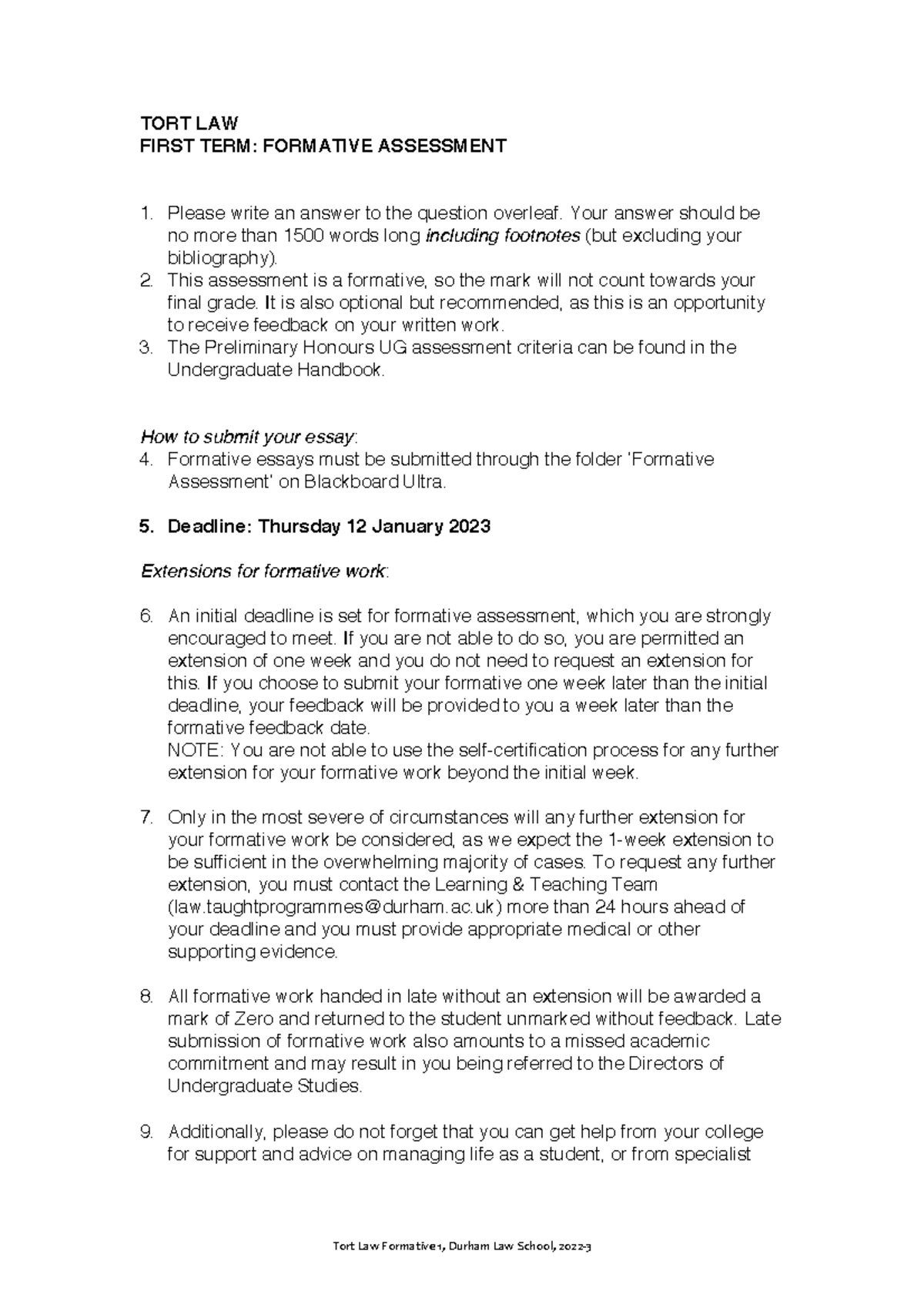 TORT LAW Michaelmas Formative 2022-3 Updated - TORT LAW FIRST TERM ...