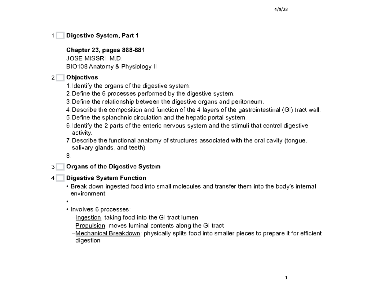 Lecture 11 - Digestive System, Part 1 - 4/9/ 1 Digestive System, Part 1 ...