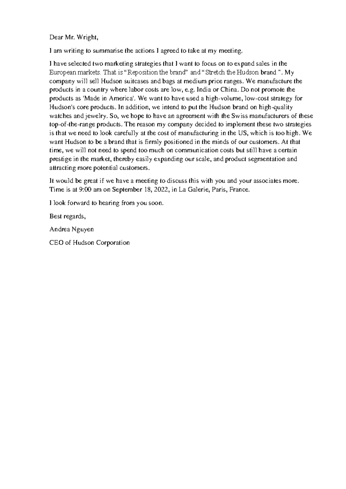 Email to Mr. Wright - Mail - Dear Mr. Wright, I am writing to summarise ...