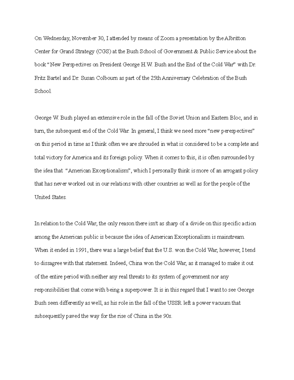 Ayodele Aina, POLS 206, Section 502 - New Perspectives on President George H.W. Bush and the End ...