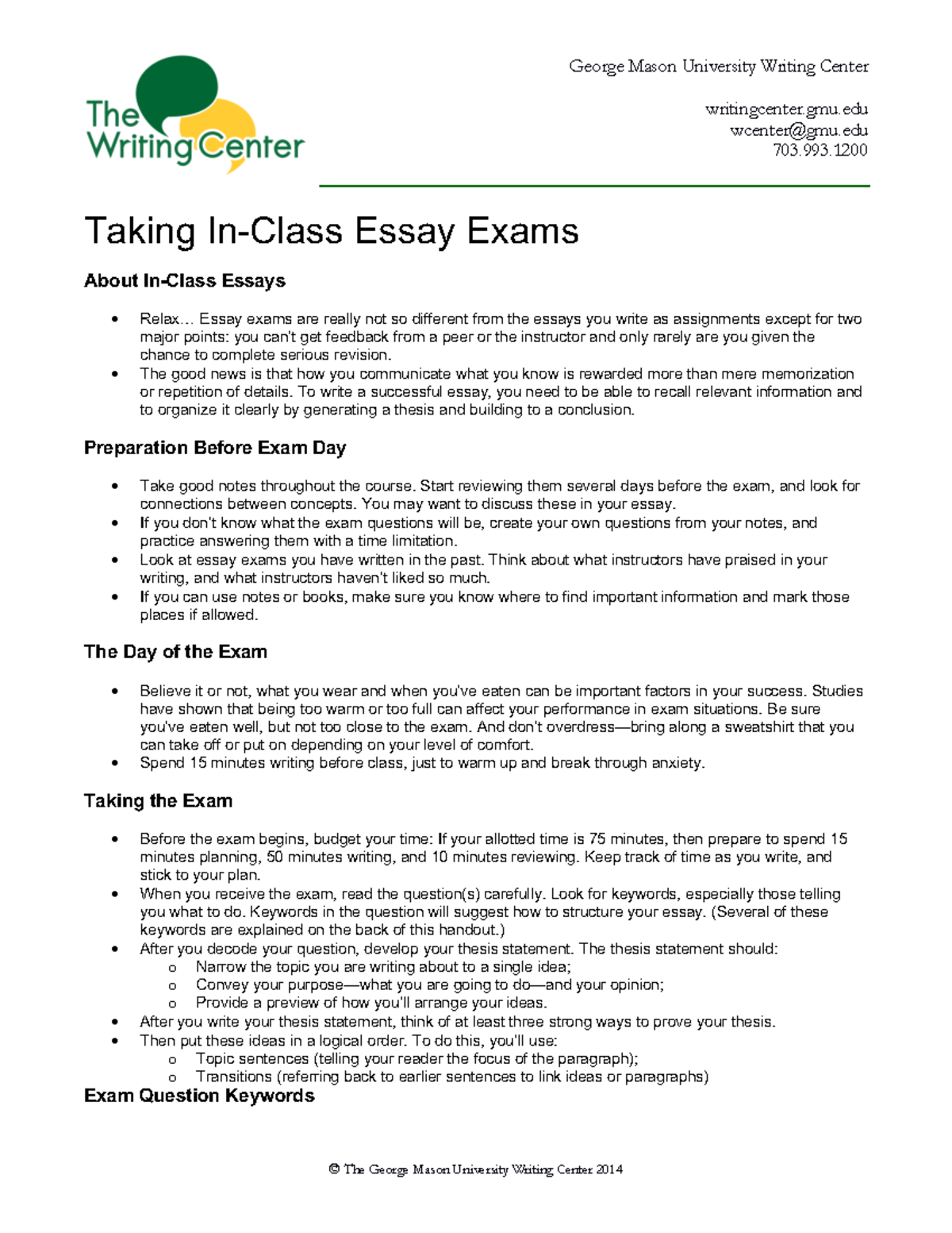 Taking In Class Essay Exams ATI - The Writing Center George Mason ...