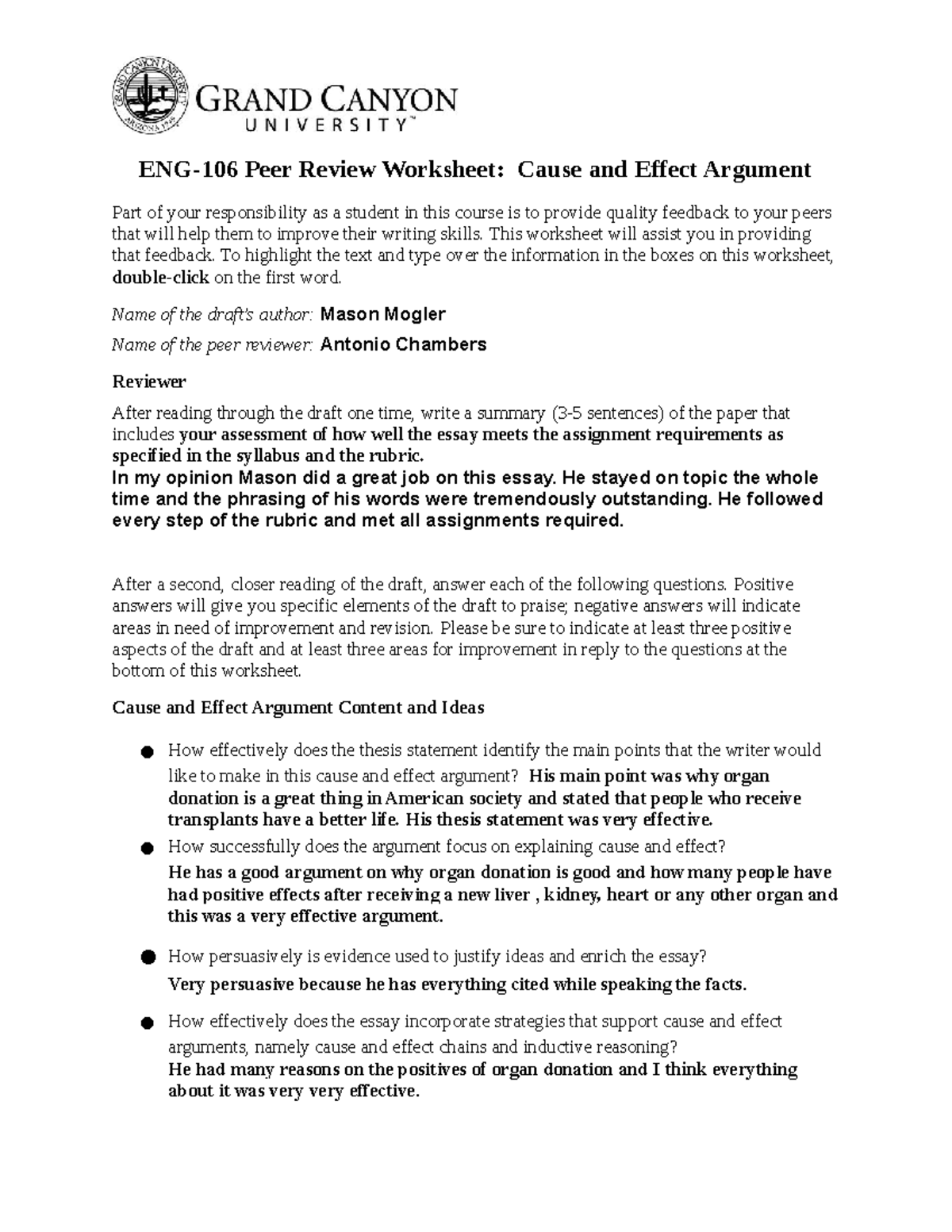 ENG106 Cause Effect Peer Review Worksheet - ENG-106 Peer Review ...