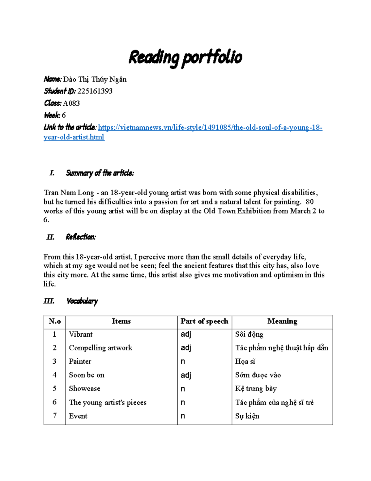 Reading portfolio 3 - Ngân - Reading portfolio Name: Đào Thị Thúy Ngân ...