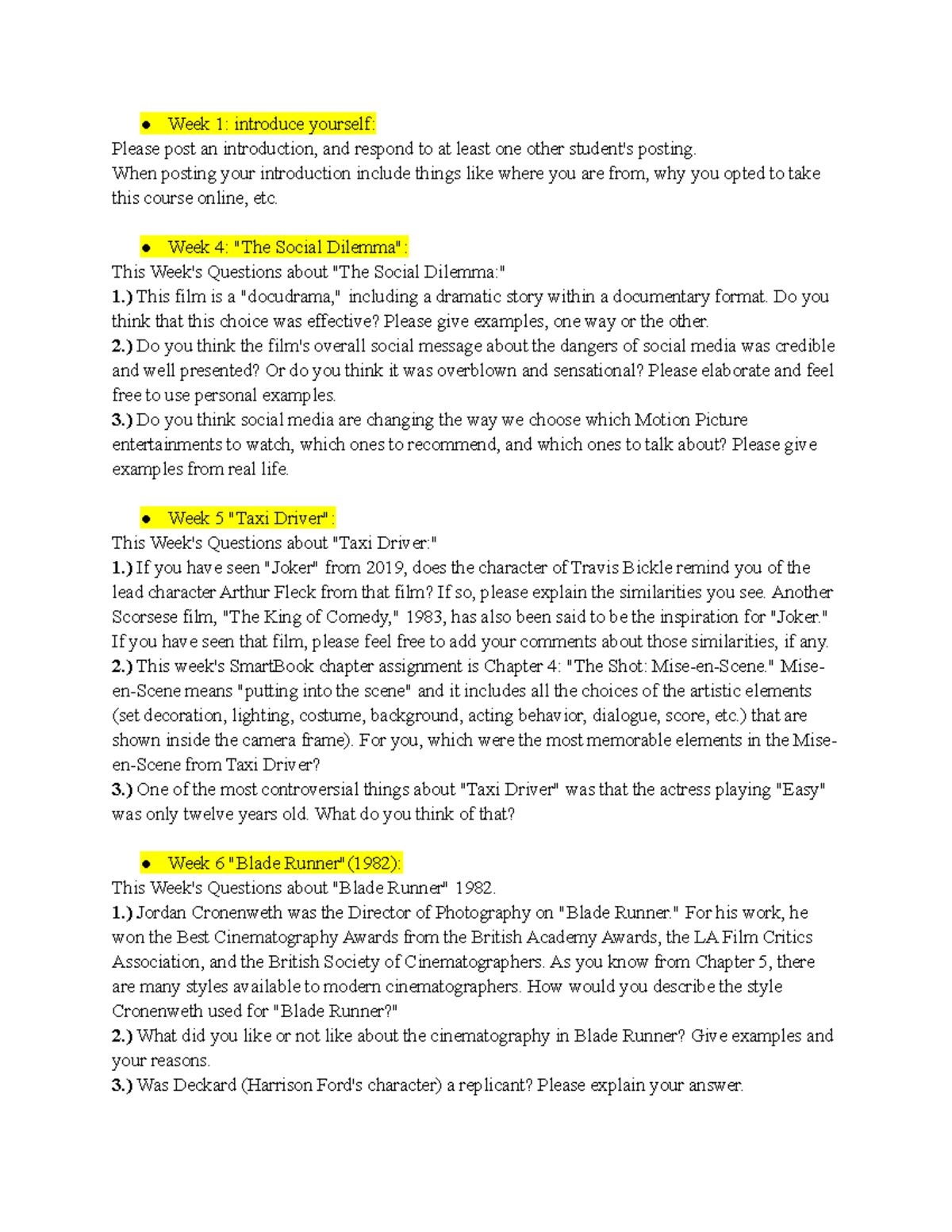 THTR 2690 Film Discussion Prompts - Week 1: introduce yourself: Please ...