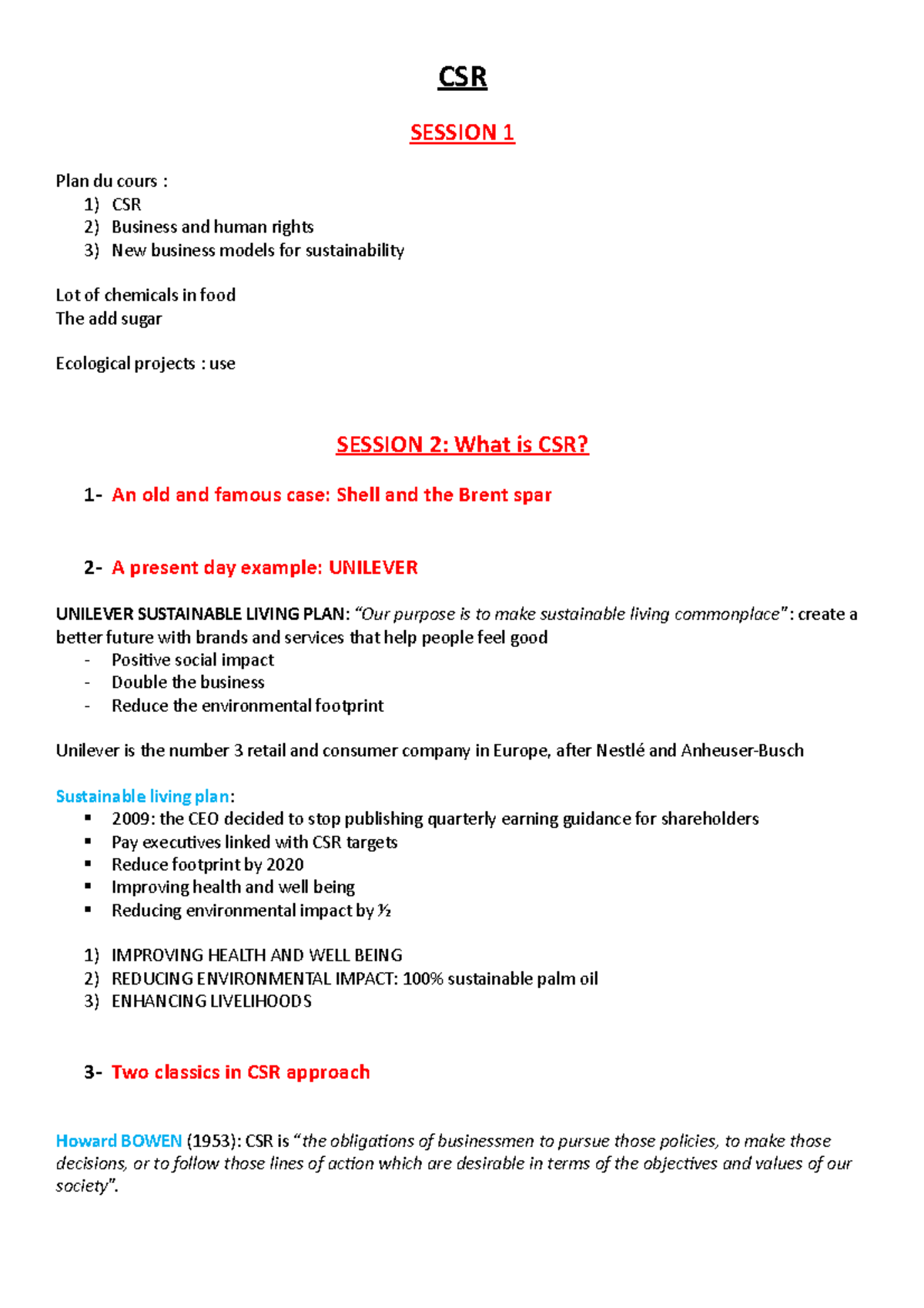 CSR - Notes du cours de Corporate Social Responsibiliy - CSR SESSION 1 ...
