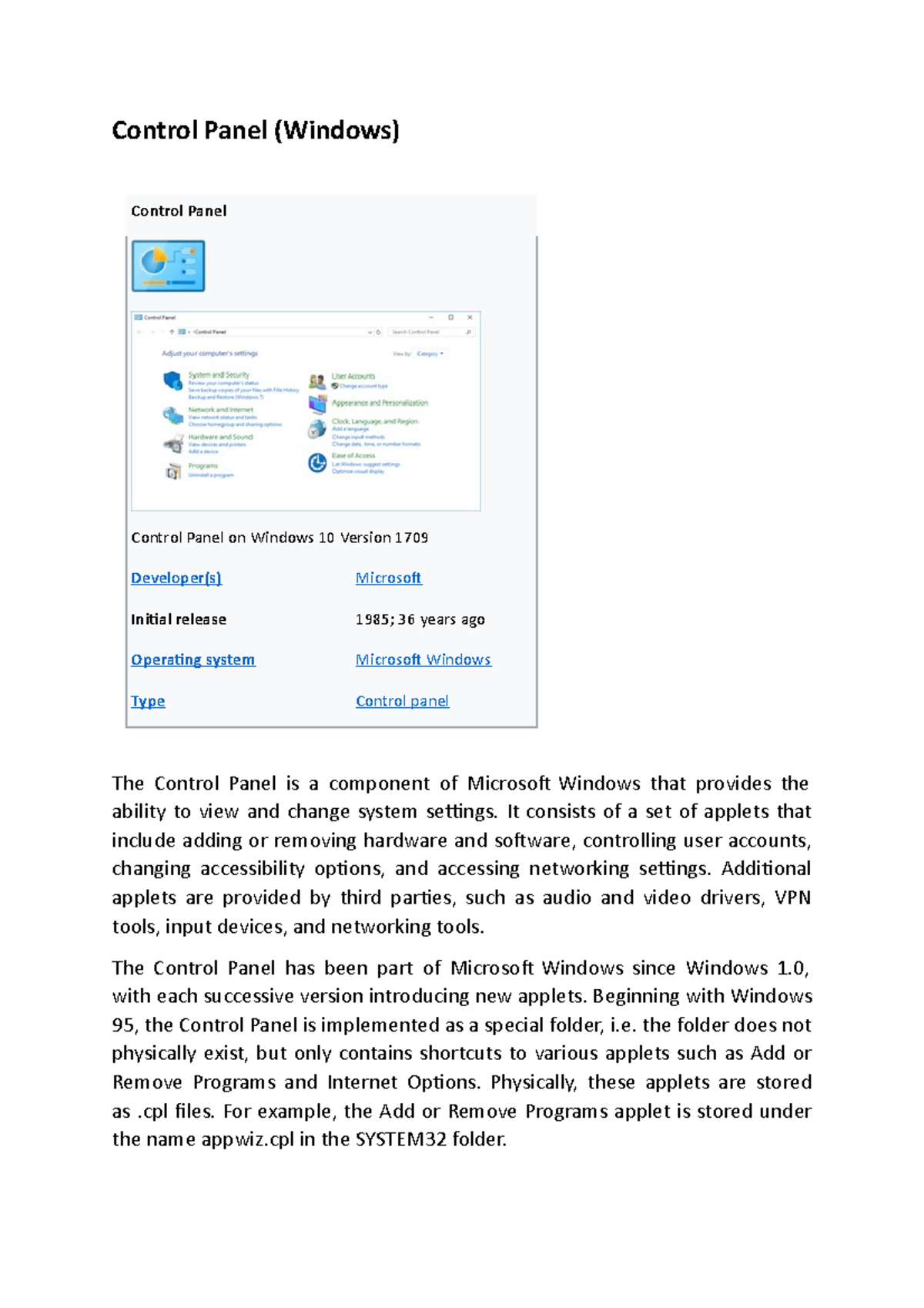 Control panel - It consists of a set of applets that include adding or ...