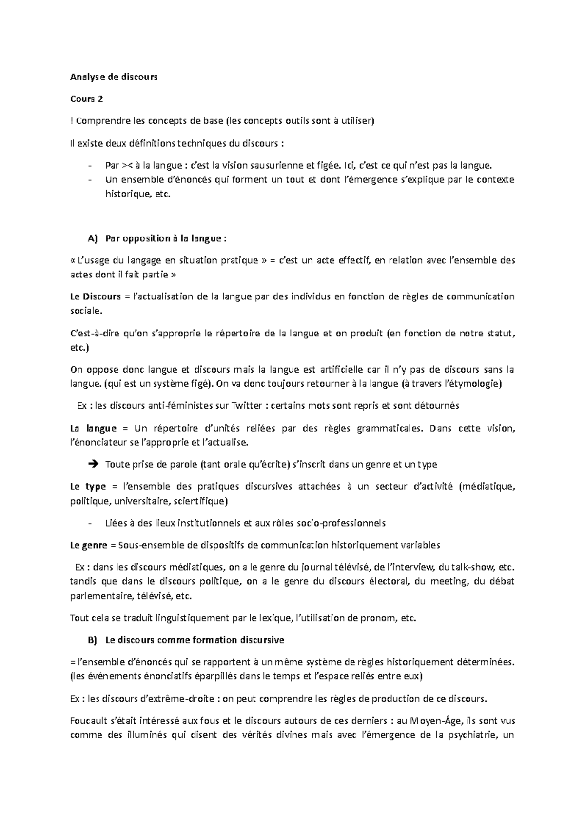 Analyse de discours - notes de cours - Analyse de discours Cours 2 ...