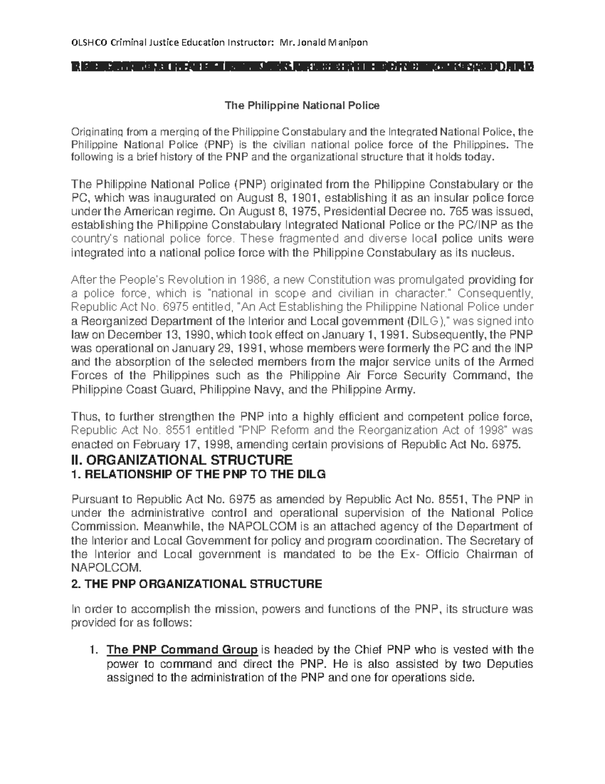 The Filipino Policemen PNP for Criminology - I THE INTEGRATED NPOLICE ...