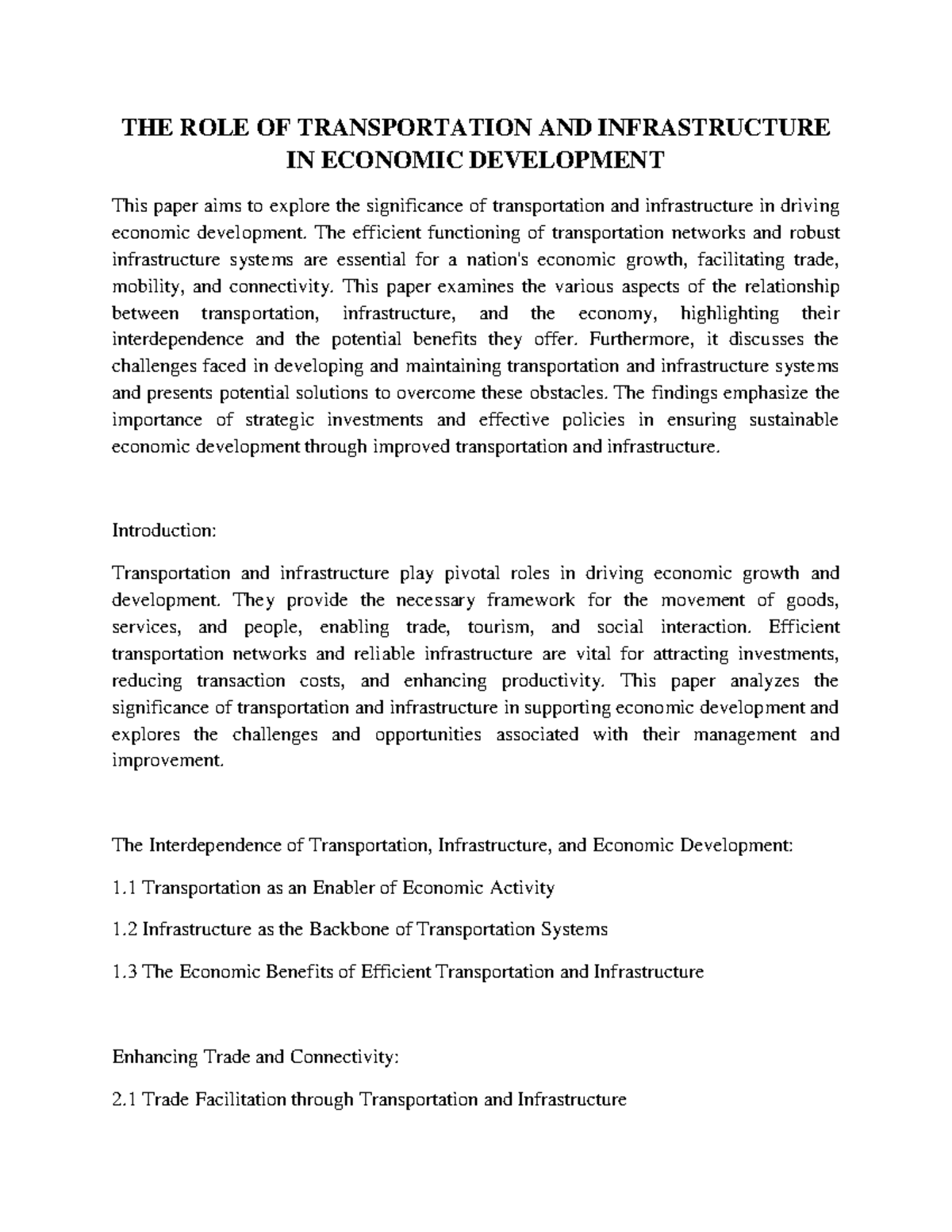 THE ROLE OF Transportation AND Infrastructure IN Economic Development ...