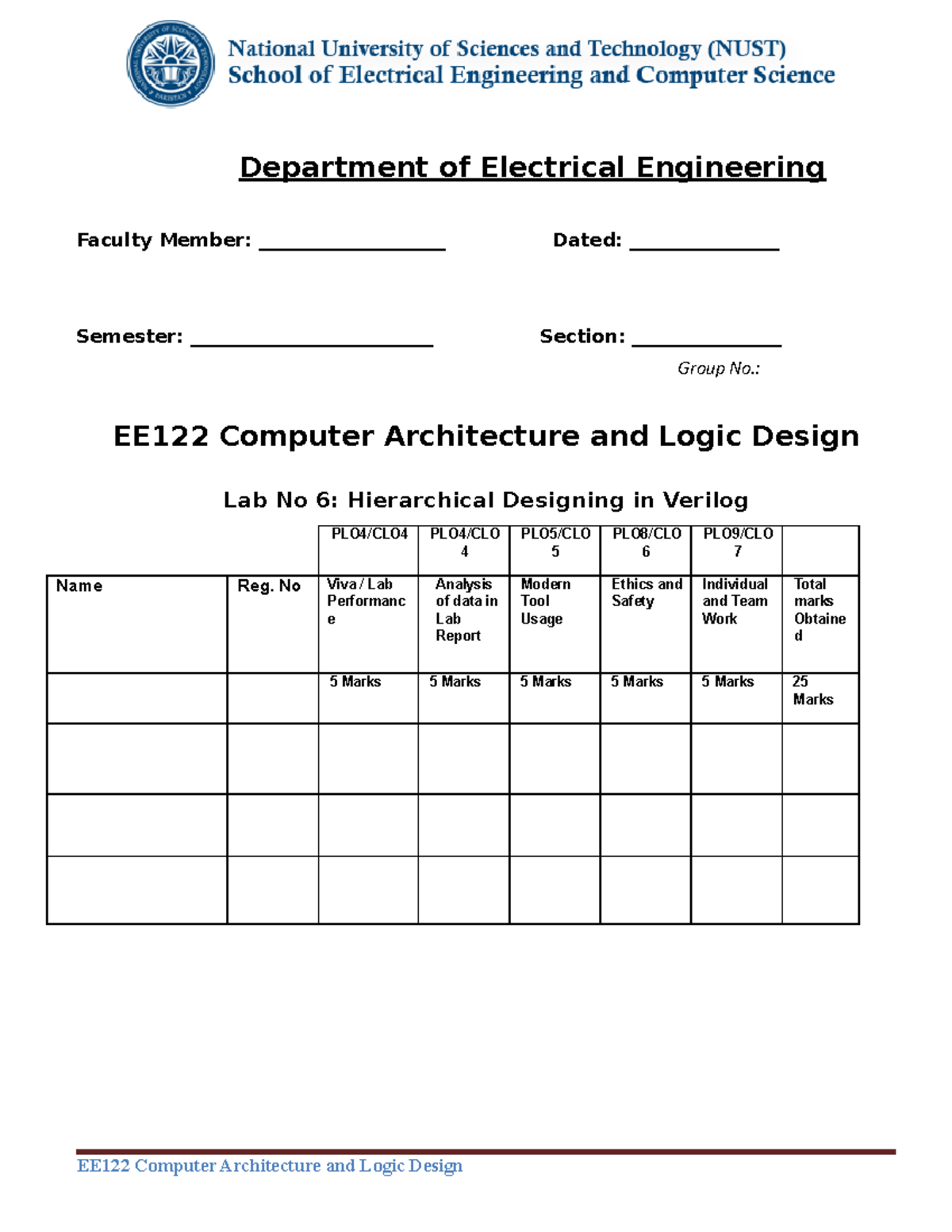 LAB6 - EE122 Computer Architecture and Logic Design lab report. - Department of Electrical - Studocu