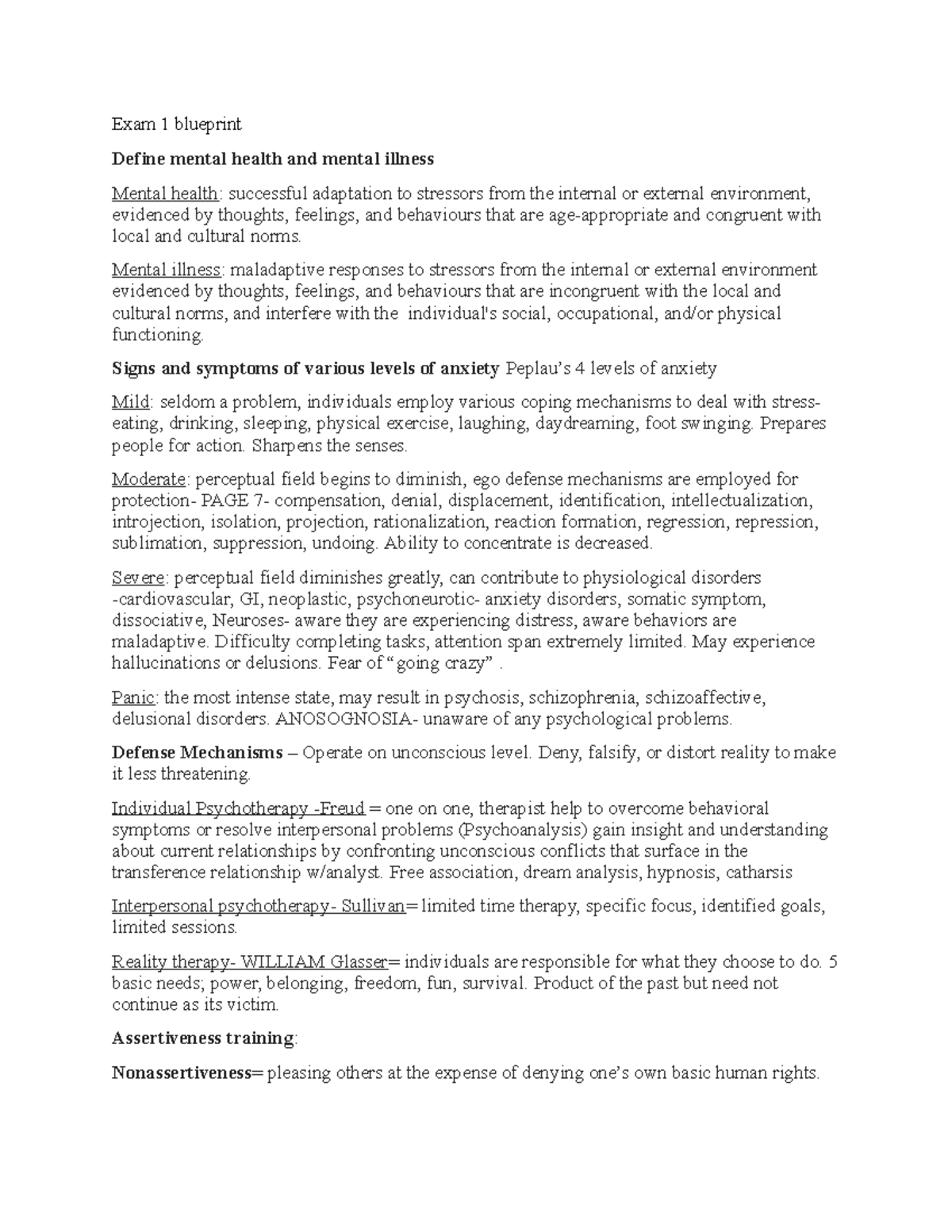 Exam 1 blueprint psych - Exam 1 blueprint Define mental health and ...