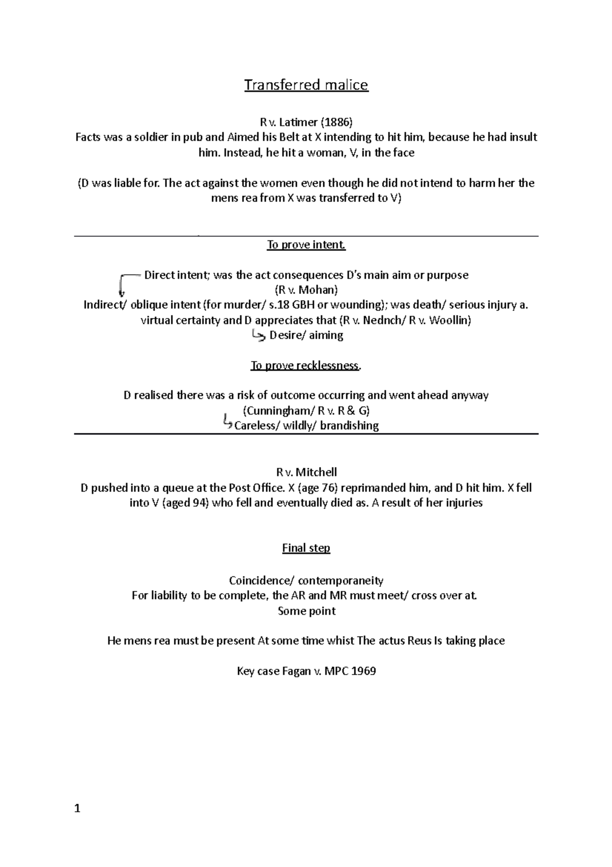 Transferred malice - Latimer (1886) Facts was a soldier in pub and ...