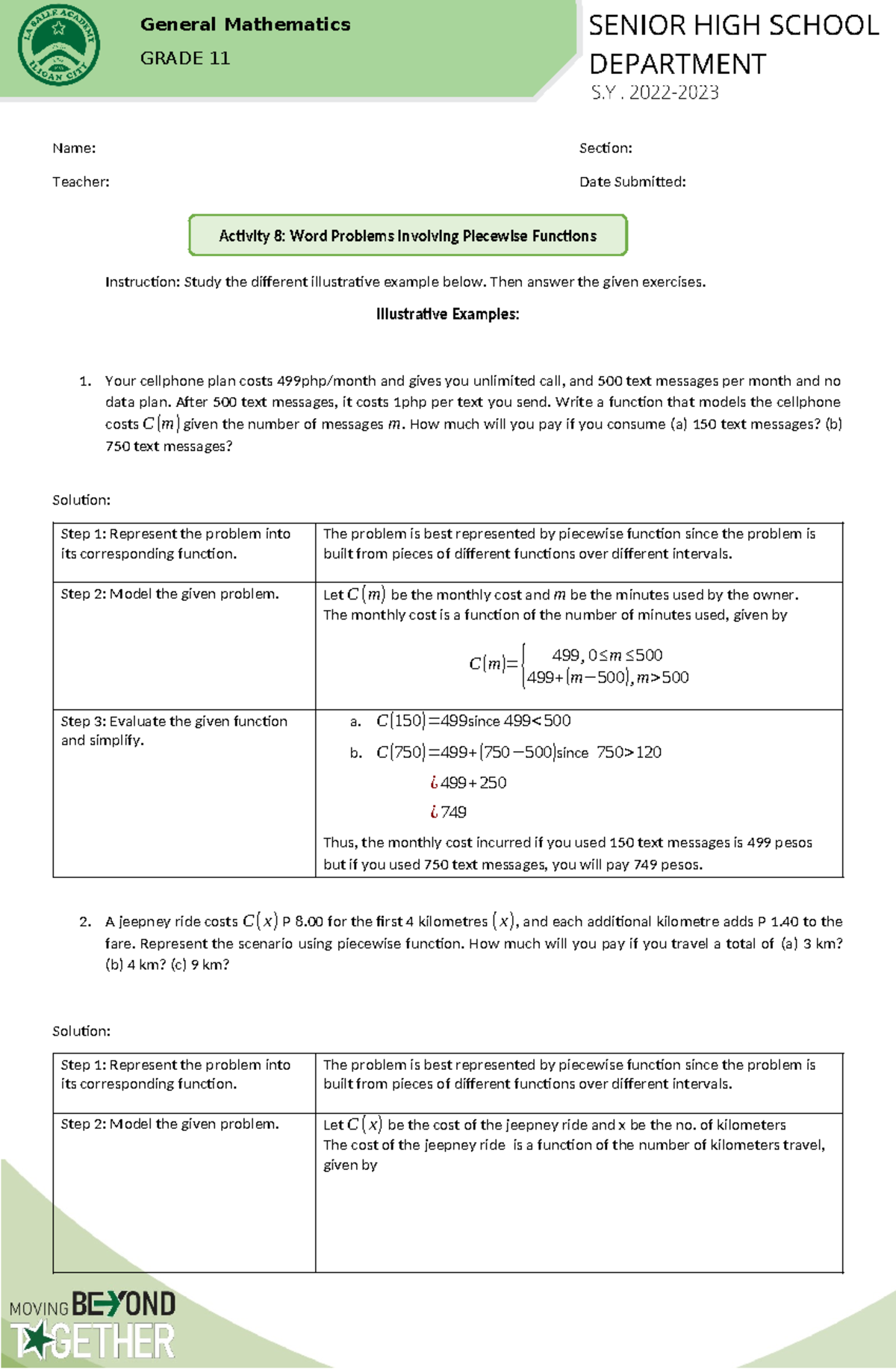 Activity 8 Word Problems Involving Piecewise Functions - General ...