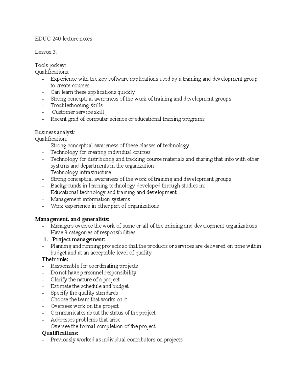 EDUC 240 lecture notes - EDUC 240 lecture notes Lesson 3: Tools jockey ...