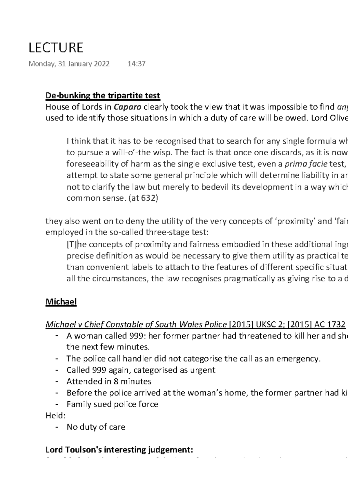 Lecture notes caparo test - De-bunking the tripartite test House of ...