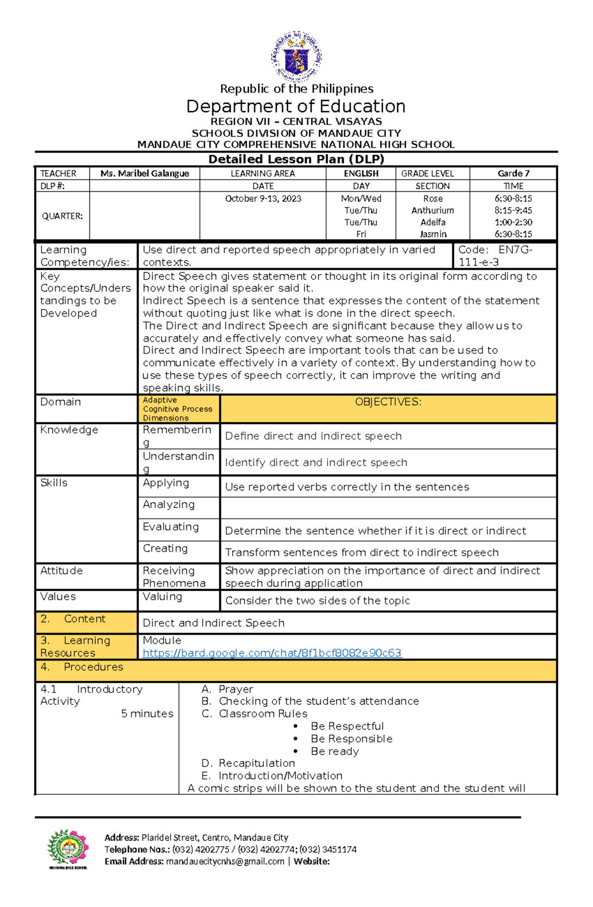 Edited Complete Final Lesson plan for Direct and Indirect - Department ...