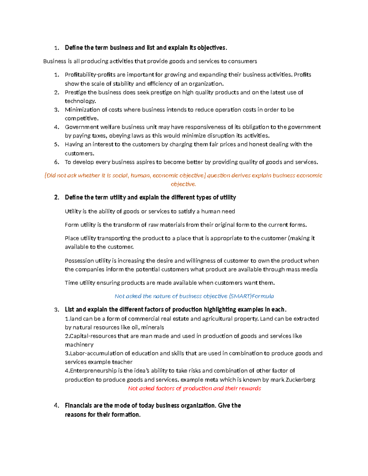 Introduction to business studies questions - Define the term business ...