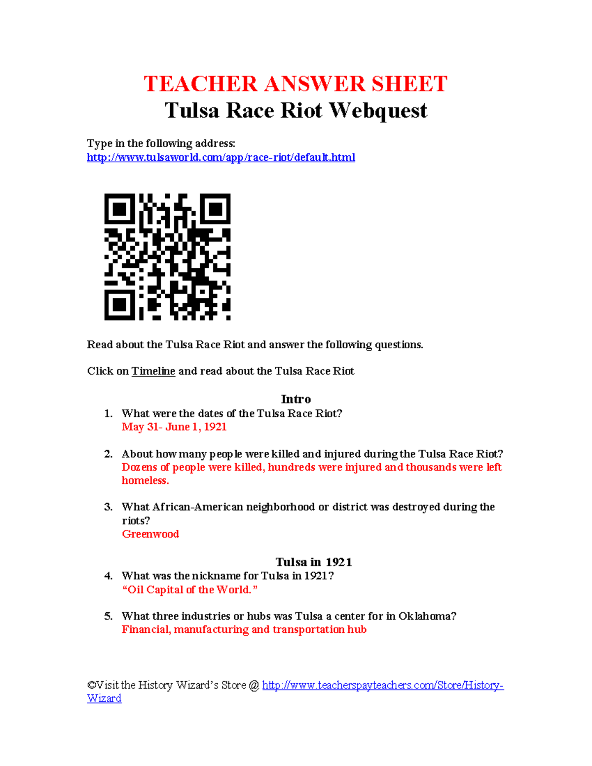 Tulsa Race Riot Webquestand Answer Sheet AS - TEACHER ANSWER SHEET ...