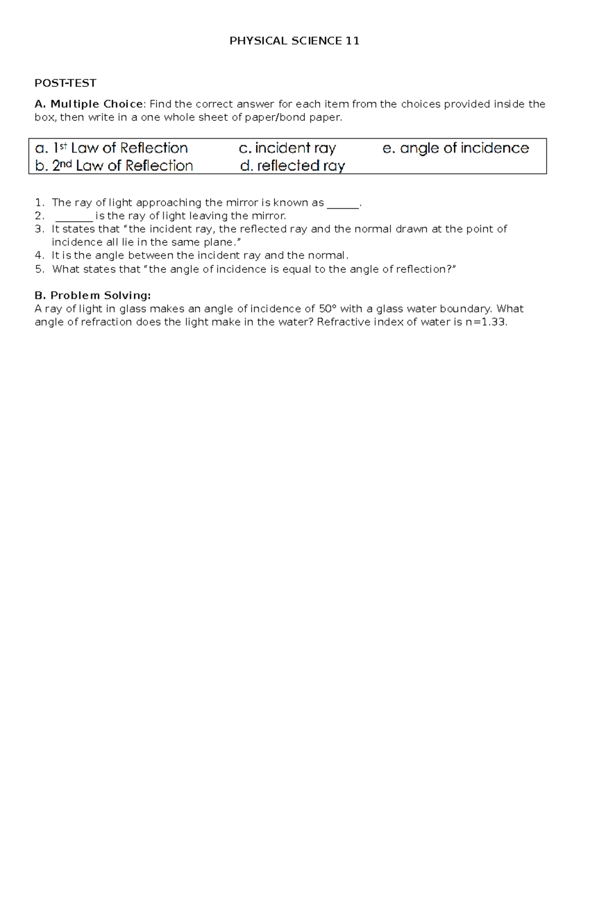 Physcie Act - PHYSICAL SCIENCE 11 POST-TEST A. Multiple Choice: Find ...