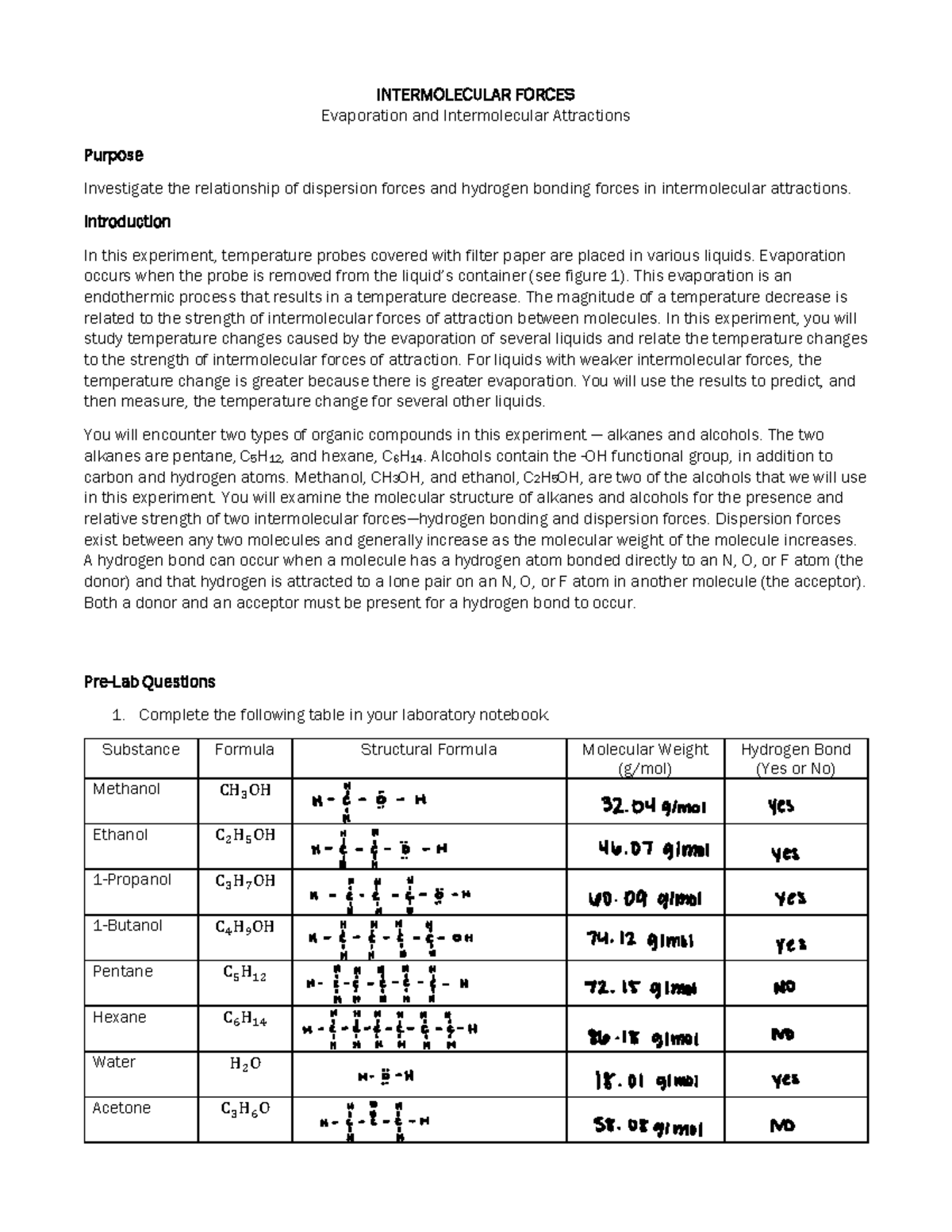 IMF Pre-Lab - IMF Pre-Lab - INTERMOLECULAR FORCES Evaporation and Intermolecular Attractions ...