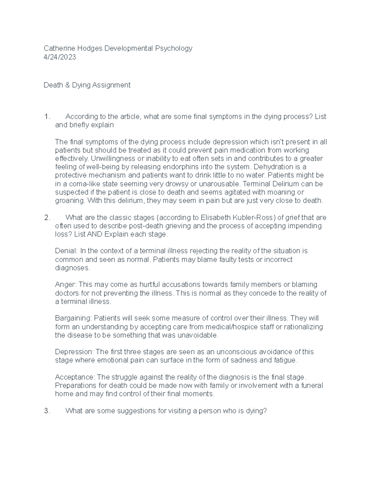 Death and Dying assignment - Catherine Hodges Developmental Psychology ...