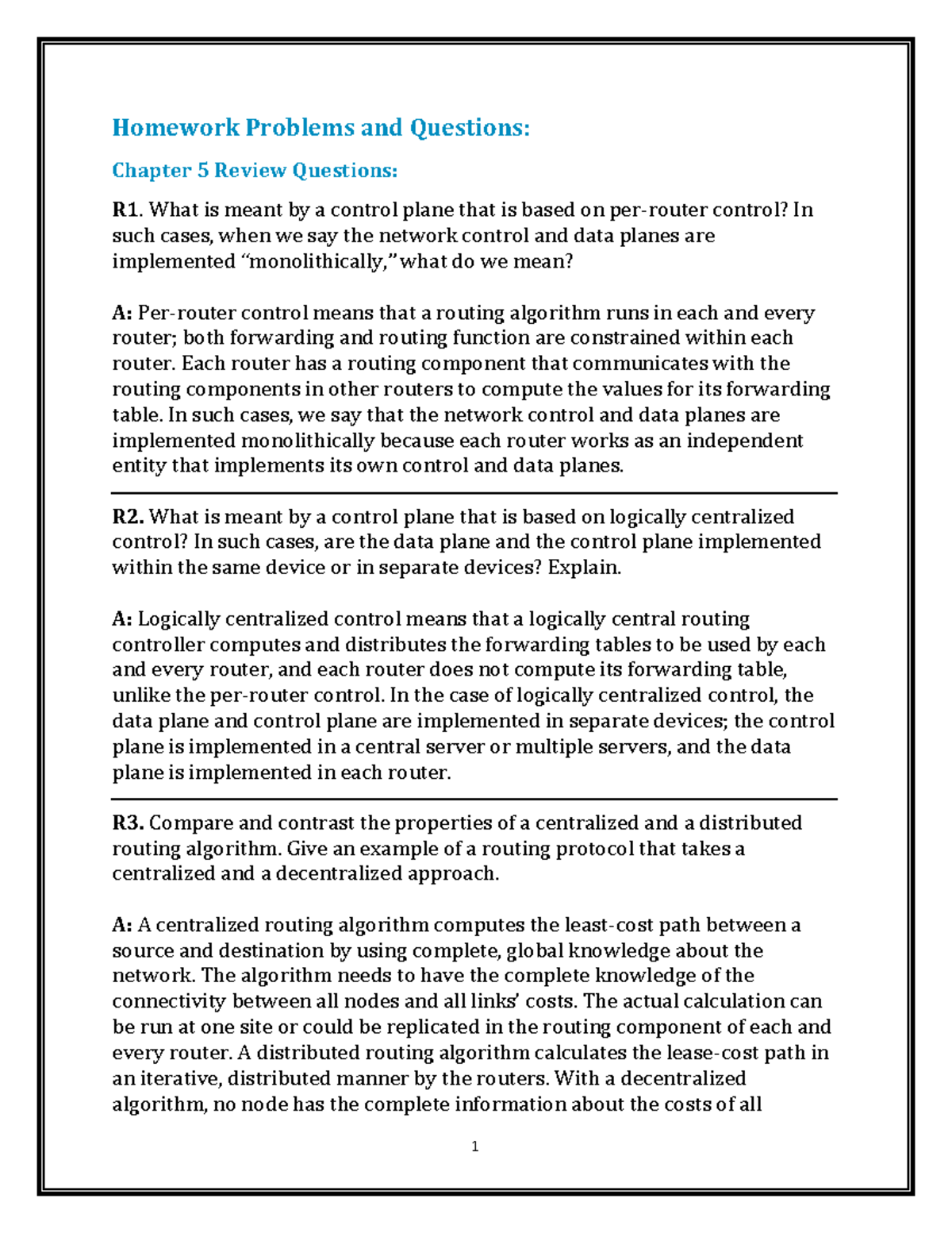 CH5 - computer network solution - Homework Problems and Questions: Chapter 5 Review Questions ...