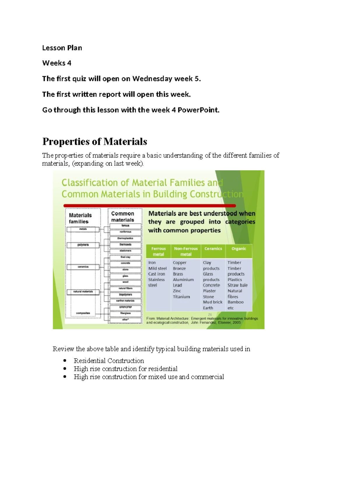 Tutorial 4 Lesson Plan - work - Lesson Plan Weeks 4 The first quiz will ...