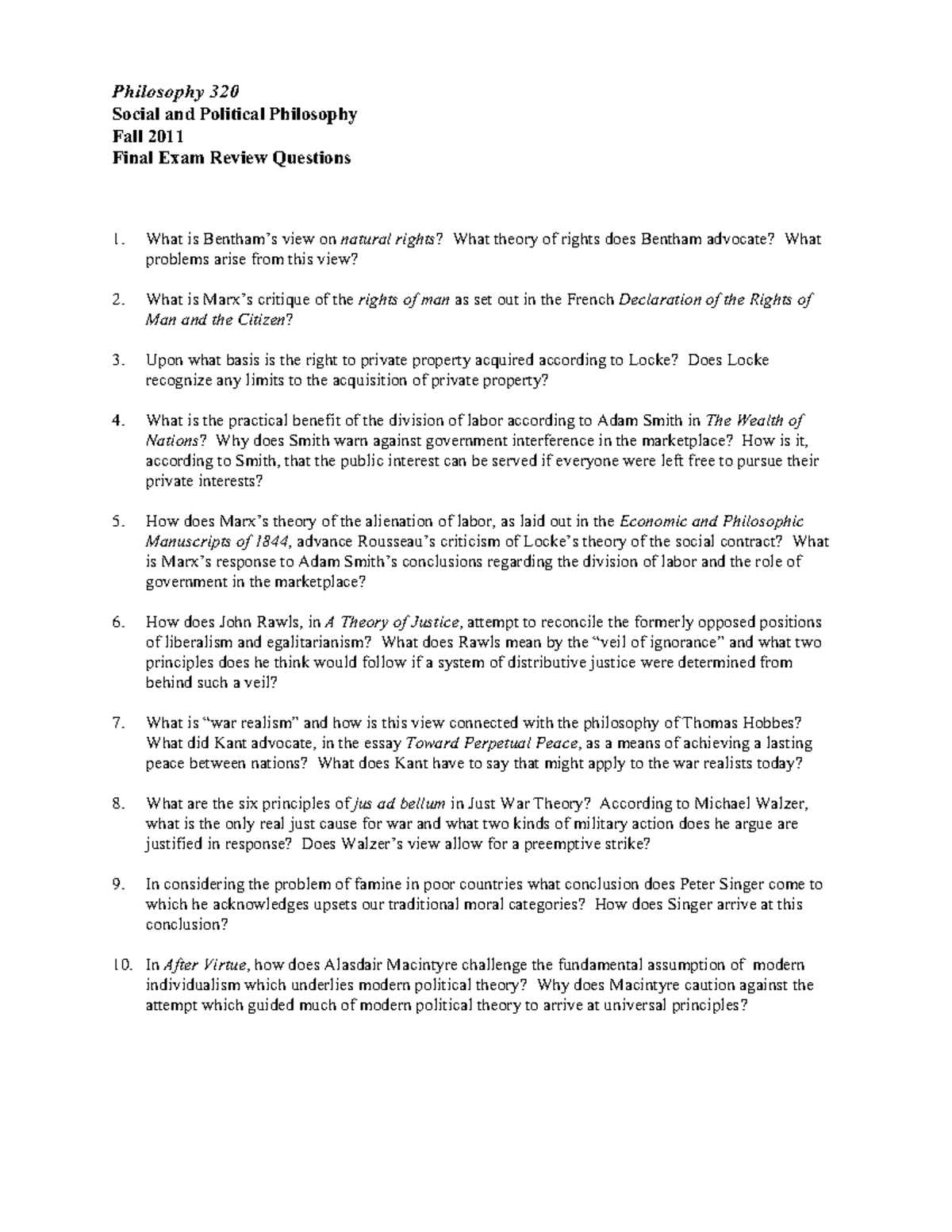 Final exam questions - Philosophy 320 Social and Political Philosophy ...