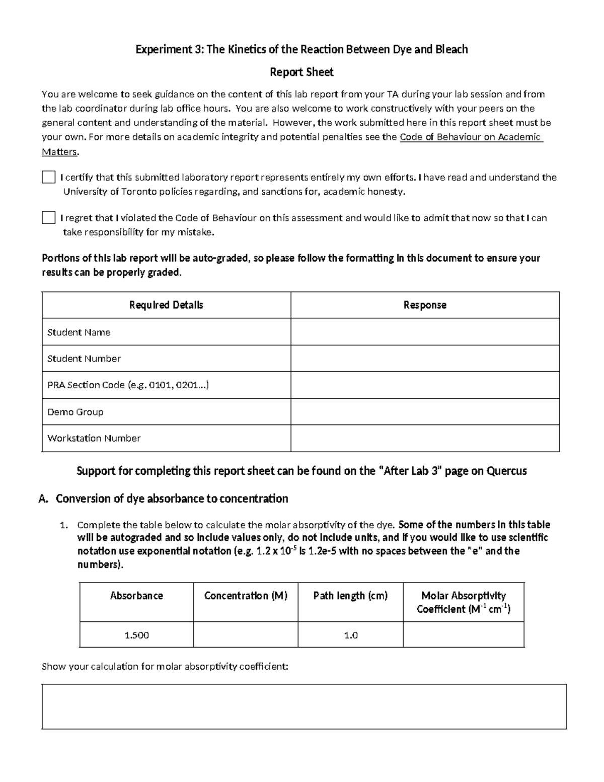 Lab 3 Report Sheet - Experiment 3: The Kinetics of the Reaction Between ...