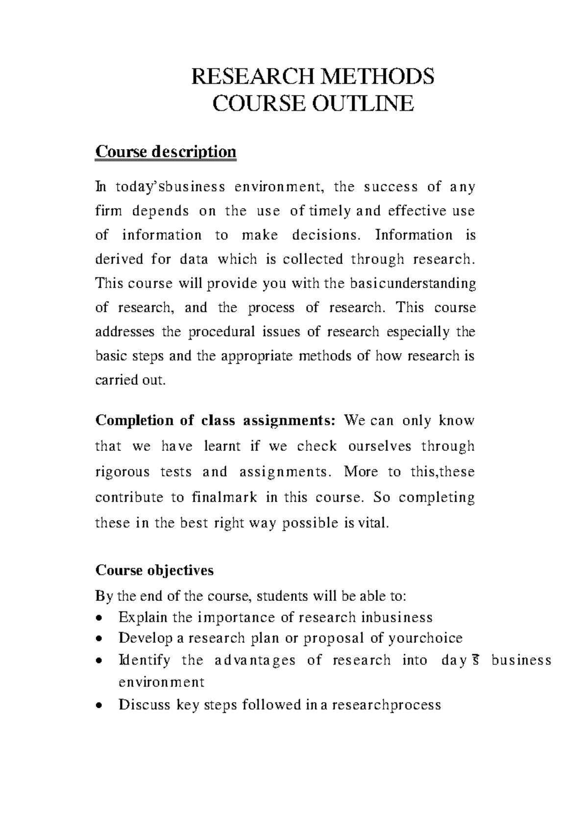 Research methods notes - RESEARCH METHODS COURSE OUTLINE Course ...