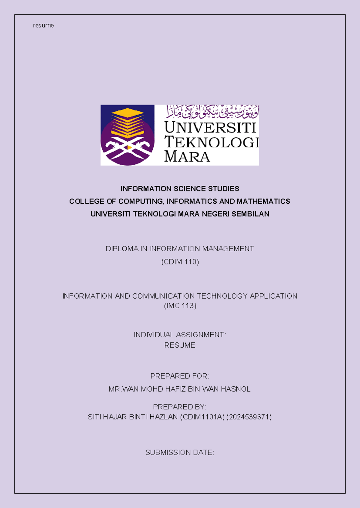 IMC113­ Assignment 1 - assign - INFORMATION SCIENCE STUDIES COLLEGE OF ...