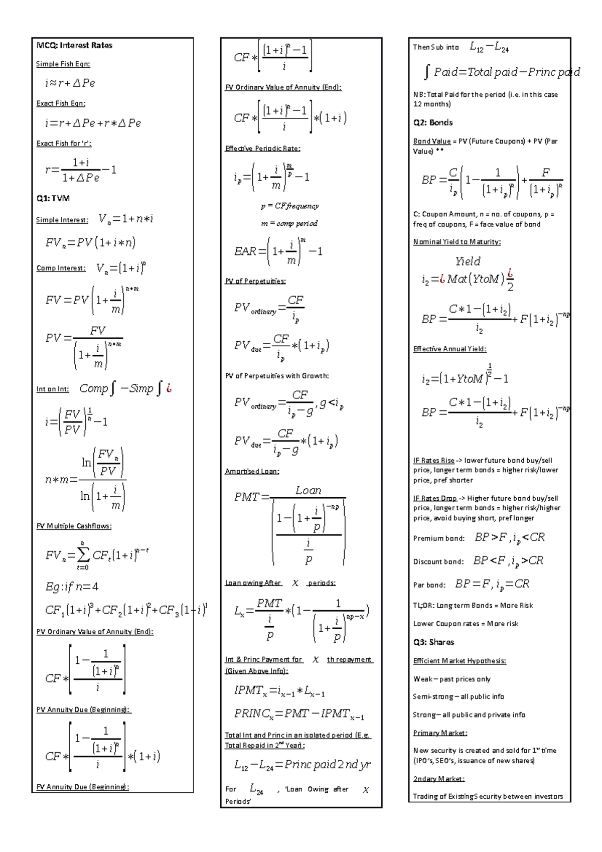 ACST101 Finals Take In Sheet - MCQ: Interest Rates Simple Fish Eqn: i≈ ...