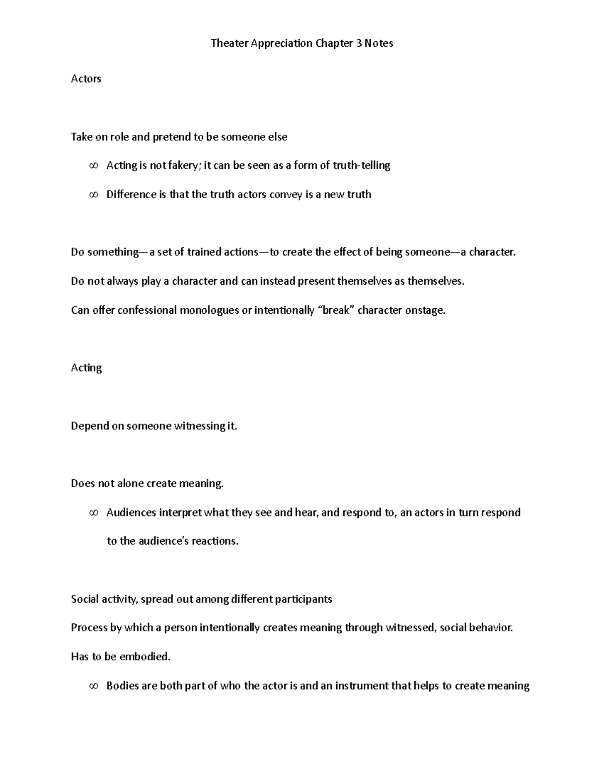 Chapter 3 Notes - Actors Take on role and pretend to be someone else ...