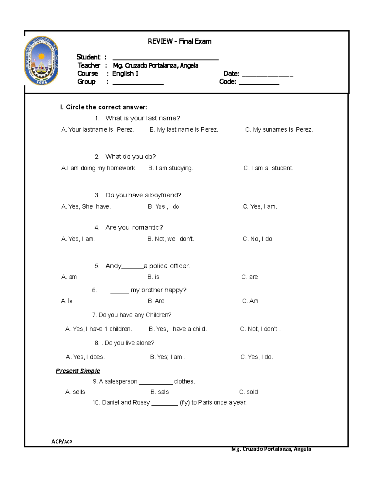 Review Final EXAM English I - STS - REVIEW - Final Exam Student