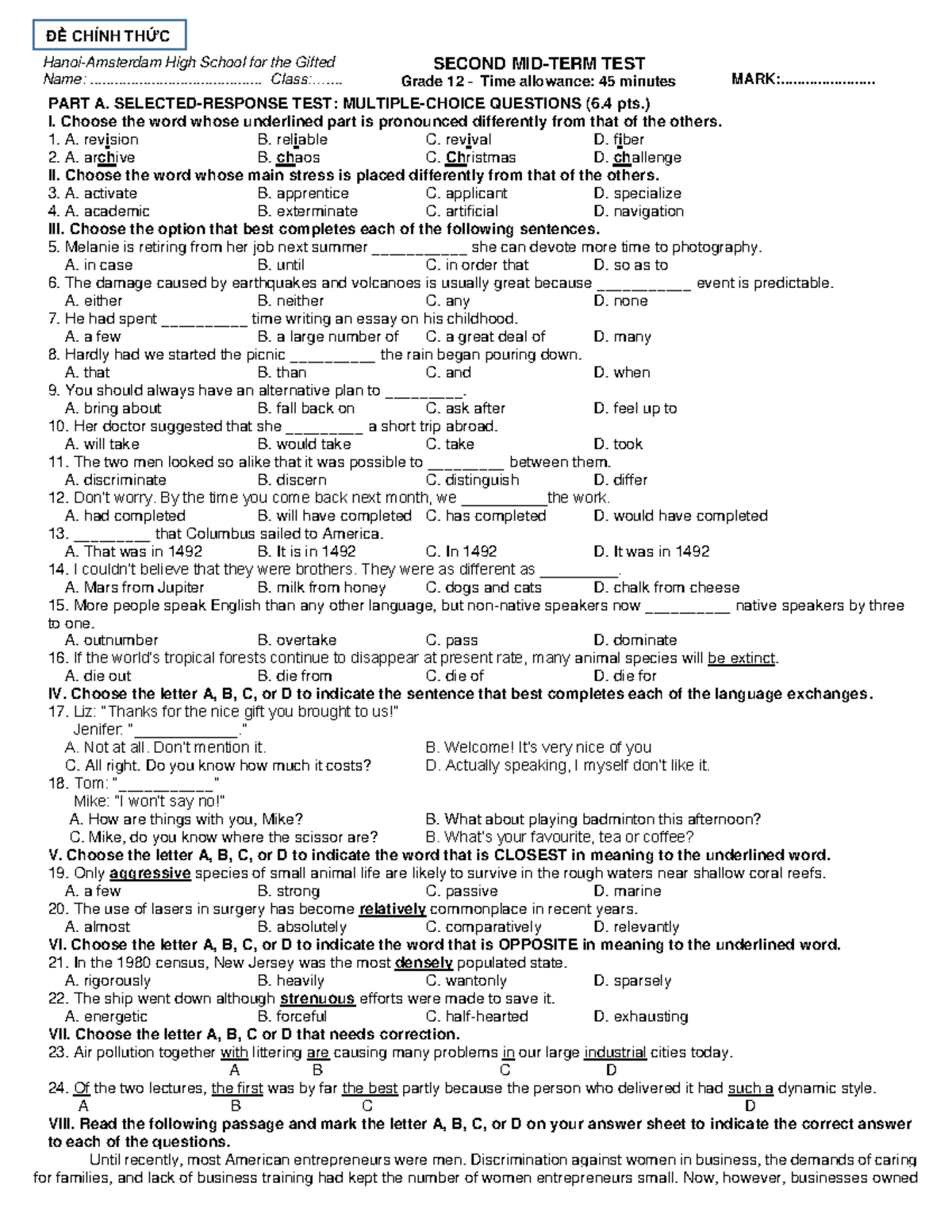 DE THI GIUA KI 2 - dtgk - PART A. SELECTED-RESPONSE TEST: MULTIPLE ...
