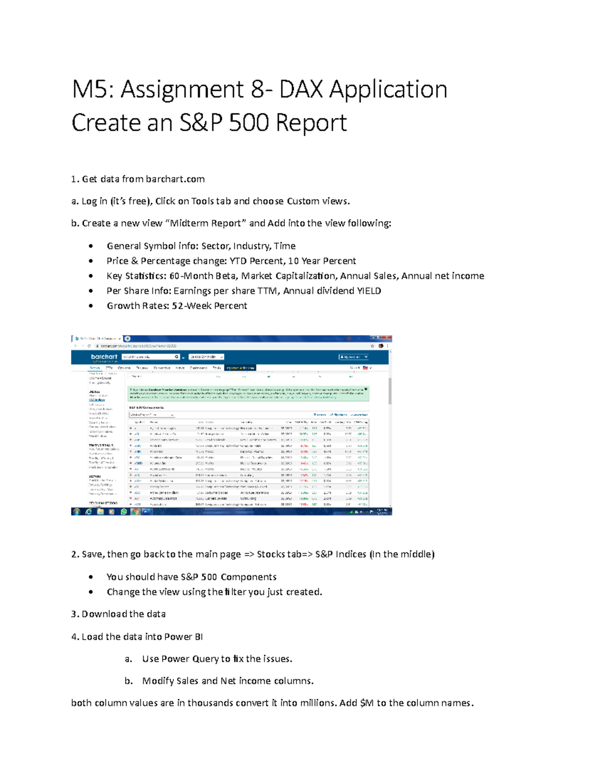 M5 assignment 8 DAXApplication S+P - M5: Assignment 8- DAX Application Create an S&P 500 Report ...