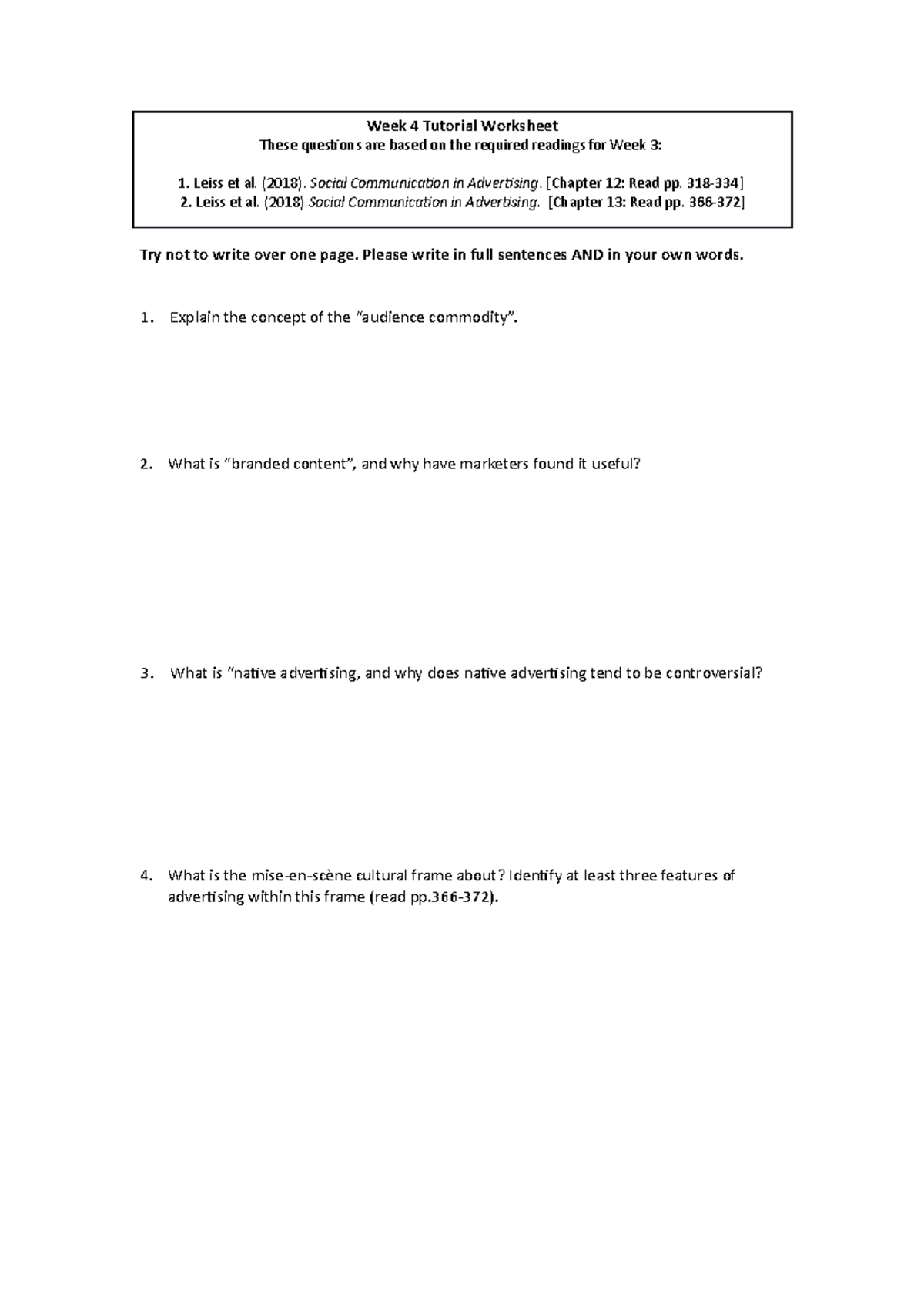 Comms 104 G Worksheet for Week 4 Tutorial - Week 4 Tutorial Worksheet These questions are based ...