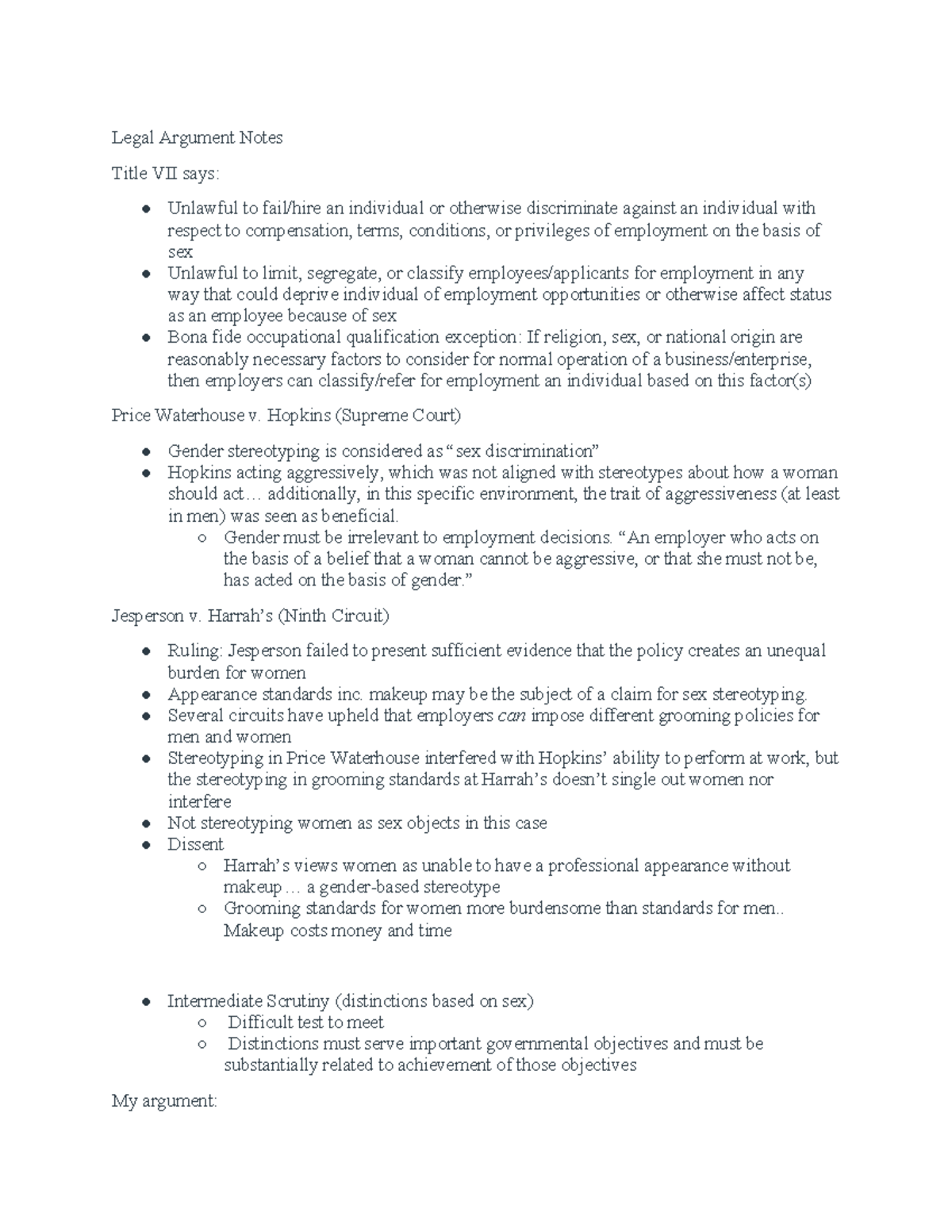 Legal Argument Notes Legal Argument Notes Title Vii Says Unlawful To 