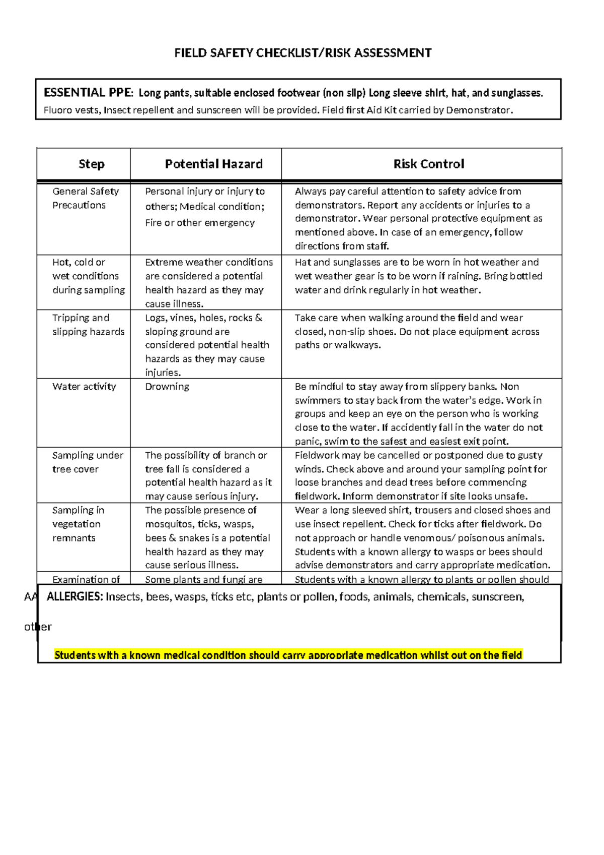 Field+ Safety+ Checklist - FIELD SAFETY CHECKLIST/RISK ASSESSMENT Step ...